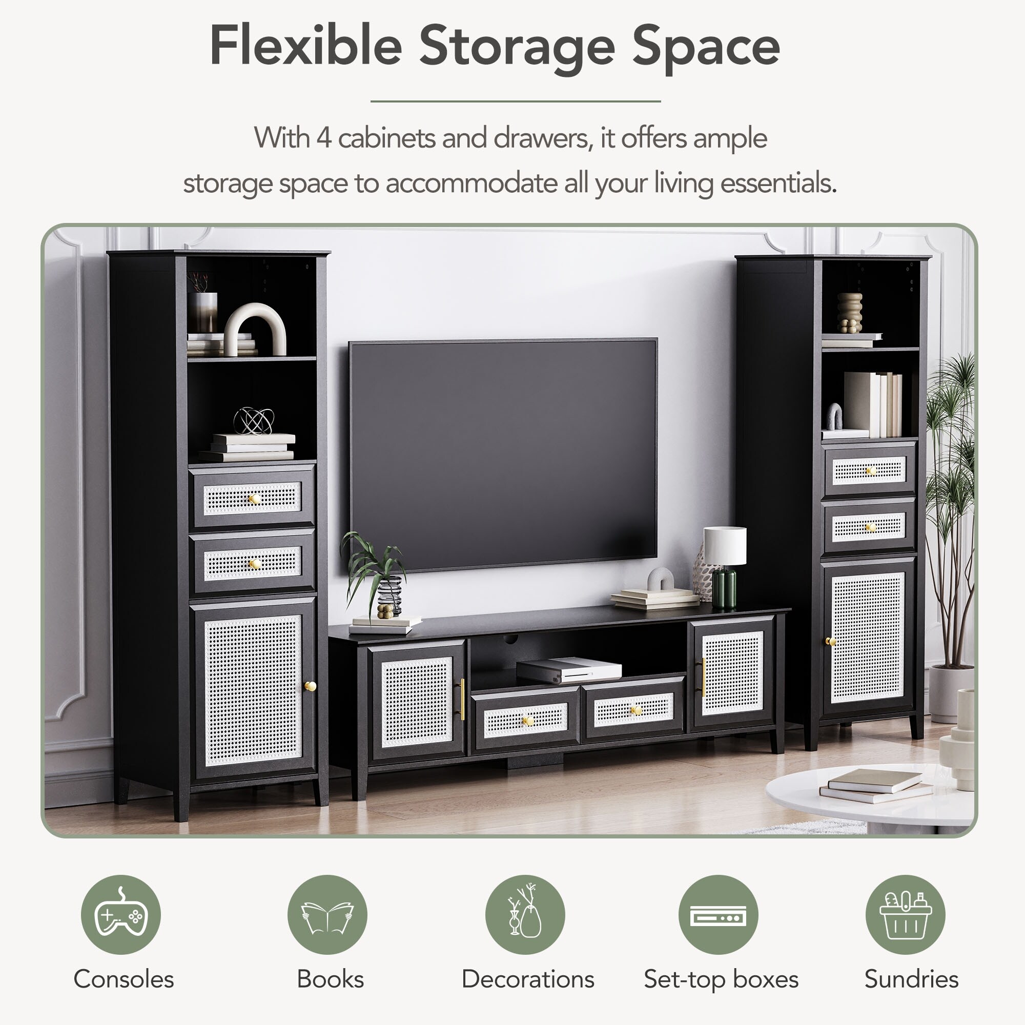 Farmhouse Rattan TV Stand Sets with TV Console and 2 Tall Cabinets Entertainment Center Living Room TV Stands Black