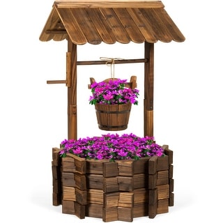 Rustic Wooden Wishing Well Planter Yard Decoration w/ Hanging Bucket ...