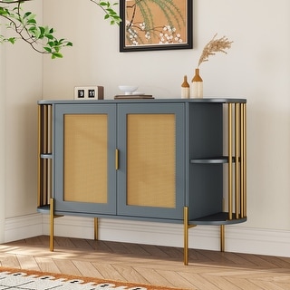 Curved Buffet Sideboard Console Table with Gold Trim and 2 Woven Rattan ...