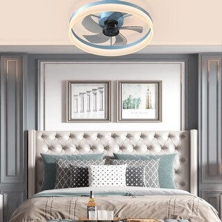Flush Mount Blue Ceiling Fans with Dimmable Light & Remote, 6 Speeds ...