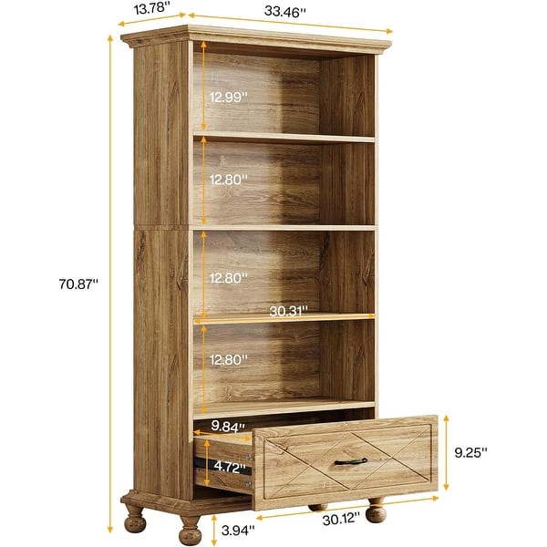 6-Tier Bookcase with Drawer, Large Storage Bookshelf with Solid Wood ...