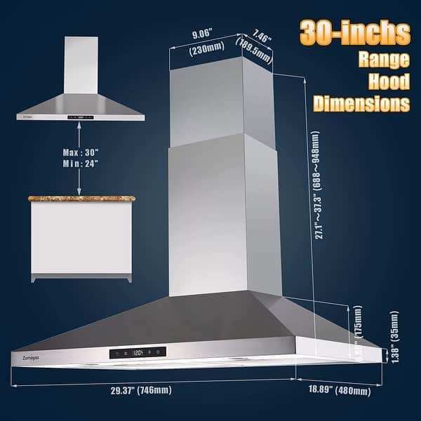 Tieasy Range Hood 30 inch Stainless Steel Wall Mount Stove Hood Ducted ...