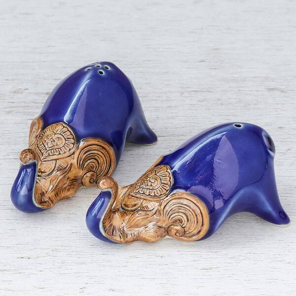 Novica Handmade Crouching Elephants In Blue Ceramic Salt And Pepper ...