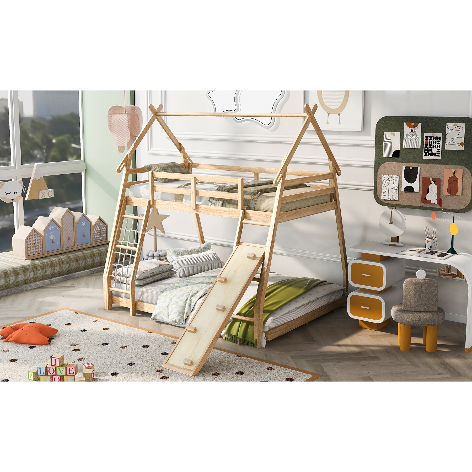 Twin over Queen House Bunk Bed with Guardrails, Climbing Nets and Ramp ...