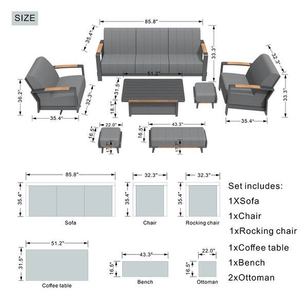 7-Piece Patio Acrylic Sponge Sofa and Chair Set with Table and Bench ...