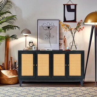 Rattan Sideboard Buffer Cabinet with 4 Doors and Adjustable Shelves ...