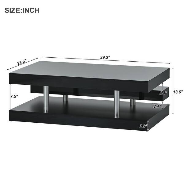 2-Tier Rectangle Coffee Table with Metal Legs and Particle Board and MDF and High-gloss UV ...