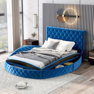 Round Shape Platform Bed Full Size Velvet Tufted Button Upholstery Low ...