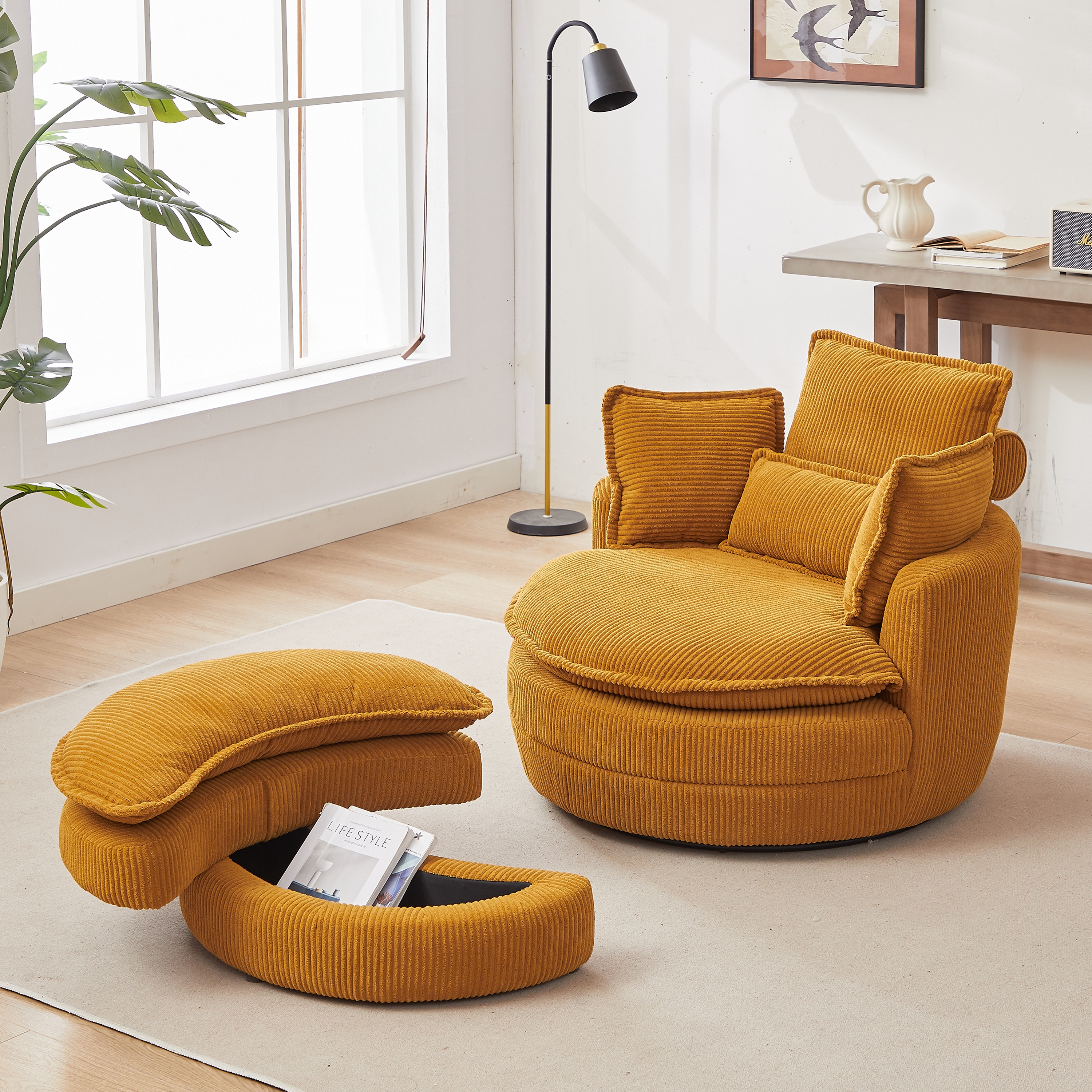 52 Corduroy Upholstered Bedroom Cuddle Sofa Chair with Ottoman for Living Room Apartment Removable Cushion Sofa Deep Seating