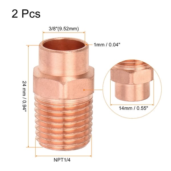 2pcs 3/8 Inch Copper Male Adapters NPT1/4 Reducing Thread Fitting - Bed ...