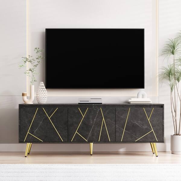 TV Stand Black TV Console Large Capacity Storage Cabinet with Golden ...