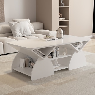 Engineered Wood Rectangular Coffee Table With Rounded Corners And Open Shelves For Living Room ...