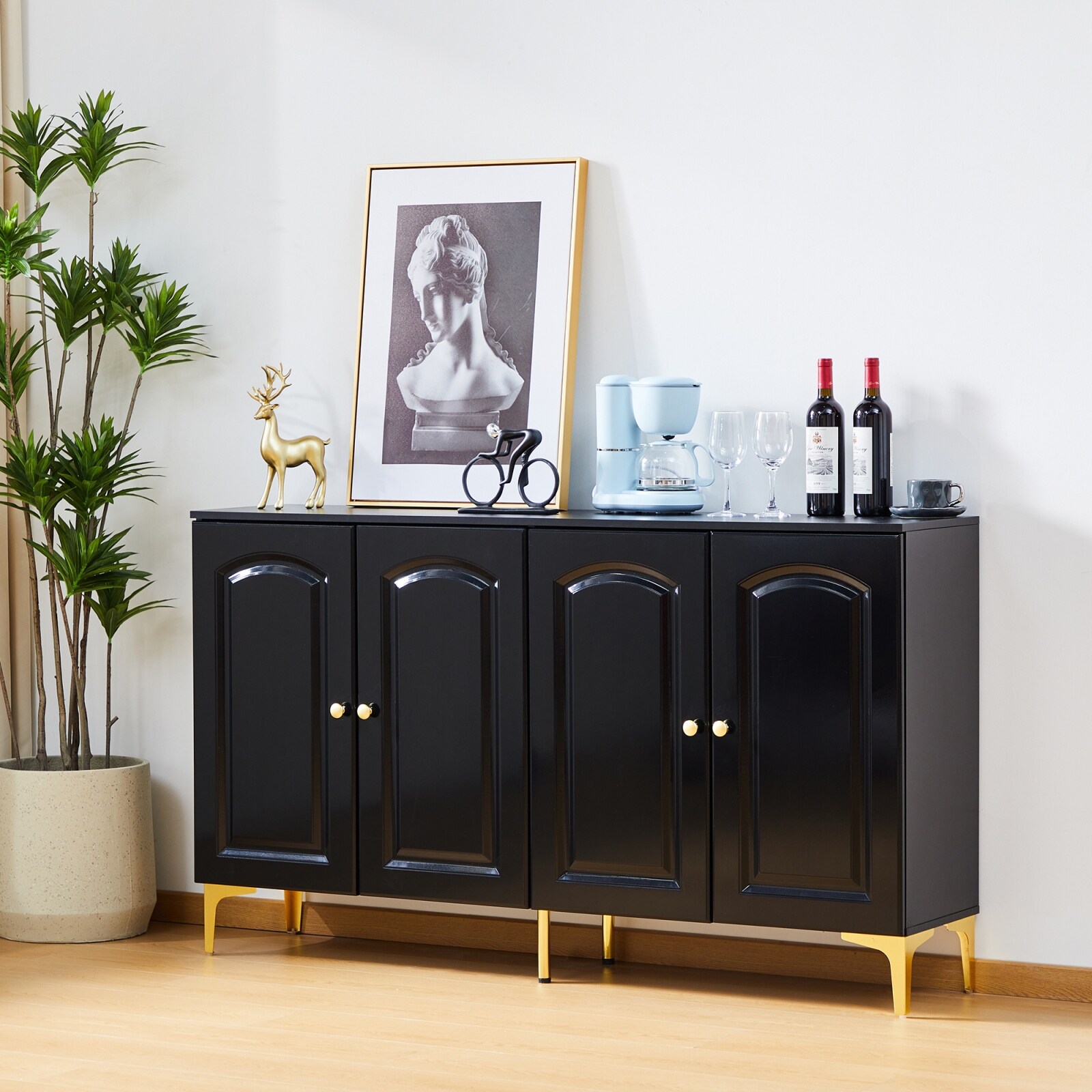 Buffet Sideboard Cabinet 4 Doors Accent Storage Cabinet Mid Century Modern Buffet Table with Adjustable Shelf Black