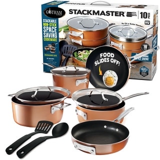 Stackable Nonstick Pots & Pans Set 10 Pcs Copper Cast Stackable ...