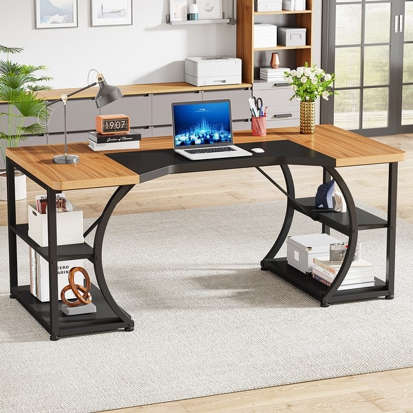 63 inch Home Office Desks with Storage Shelves and Ergonomic Curved ...