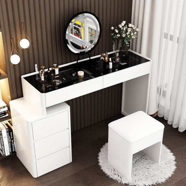 Sleek White Makeup Vanity Set with Tri Color LED Smart Mirror Dresser
