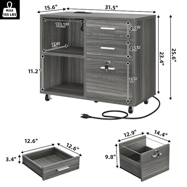 Wood File Cabinet with Charging Station Mobile Lateral Filing Cabinet ...