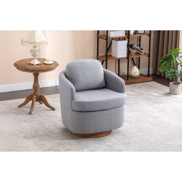 Linen Fabric Swivel Accent Chair With Soild Wood Round Brown Base Leg ...