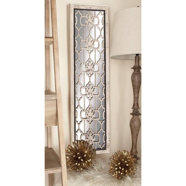 White Wooden Intricately Carved Geometric Home Wall Decor with Mirror ...