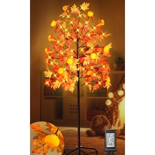 6 Ft Prelit Maple Tree Fall Decor, 128 Warm LEDs 12 Pinecones Pumpkin ...