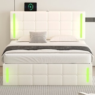 Full Platform Bed Hydraulic Storage Bed Fishbone Slats LED Upholstered ...