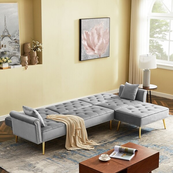 Velvet Upholstered Sectional Sofa Set L shape Sleeper Couch Bed for Living Room Sofa with Movable Ottomans and Nailhead Arms Bed Bath Beyond 38386288