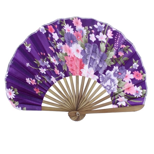 Wood Ribs Seashell Shape Chrysanthemum Pattern Folding Hand Fan Purple ...