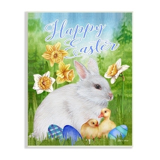 Stupell Happy Easter Spring Bunny Rabbit Phrase Baby Chicks Wood Wall ...