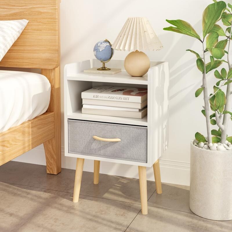 Cute Small Kids Nightstand with Removable Fabric Drawer 2 Tier Storage End Table Wood Side Table with Storage Shelf Natural