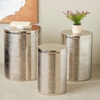 Gold or Silver Metal Metallic Ribbed Drum Accent Table (Set of 3) - Bed ...