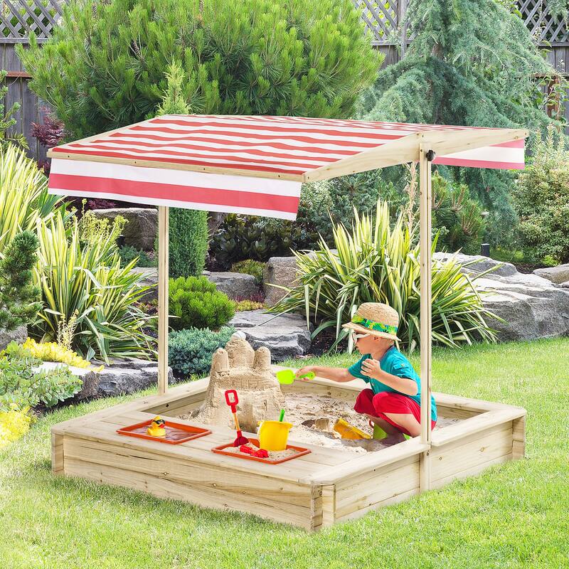 Outsunny Kids Sandbox with Cover and Adjustable Canopy, Square Wooden ...