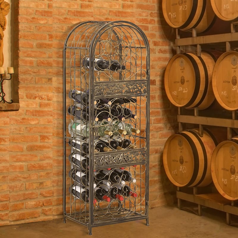 HOMCOM 35 Bottle Wrought Iron Wine Rack Jail with Lock - Black - 17.5 ...