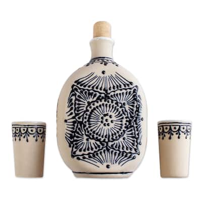 NOVICA Artisan Handblown Ceramic Tequila Decanter Beige Talavera Style ...