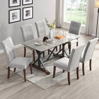 7 piece Kitchen Dining Table Set, Gray Sintered Stone Dining Table with ...