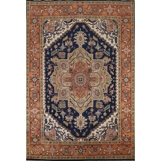 Navy Blue & Orange Heriz Serapi Area Rug Hand-Knotted Wool Carpet - 8'9 ...