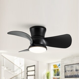 31-inch Modern Black Flush Mount Ceiling Fan with Light and Remote ...