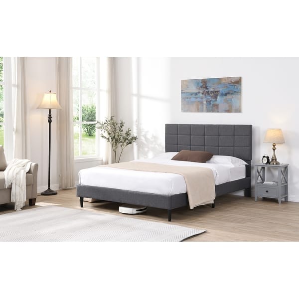 Queen Size Platform Bed Frame - Gray Fabric, Wooden Slats, Modern ...