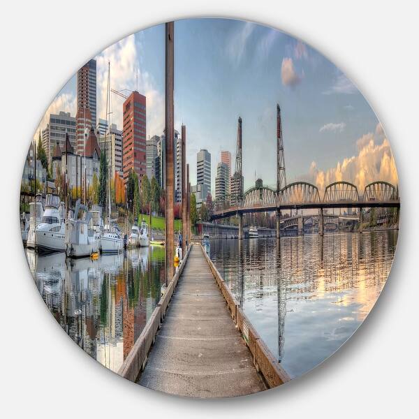 Designart 'Marina Along the River' Landscape Photo Round Metal Wall Art ...