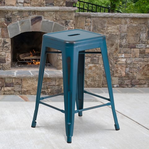 4 Pack 24"H Backless Metal Indoor-Outdoor Counter Height Stool w/Square ...