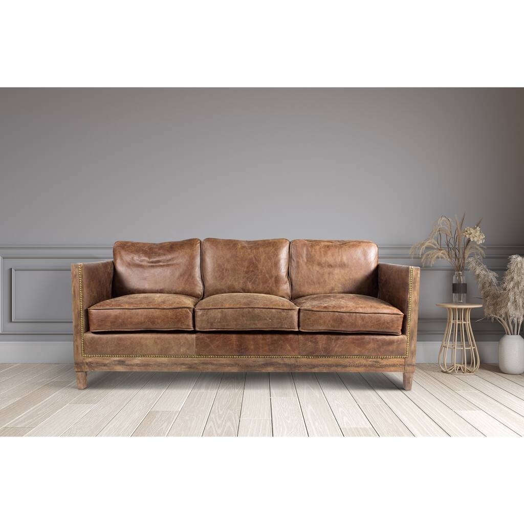Macari Dahlia Modern Brass Rivet Leather Sofa - Overstock - 36351723