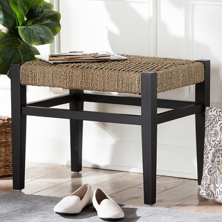Amber Seagrass Accent Bench - Handwoven Natural Fiber Stool with Black ...