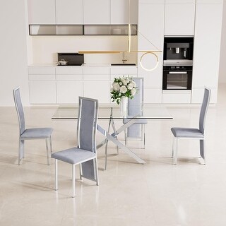 5 Piece Glass Dining Table Set, Mid-Century Modern 63 inch Table with ...