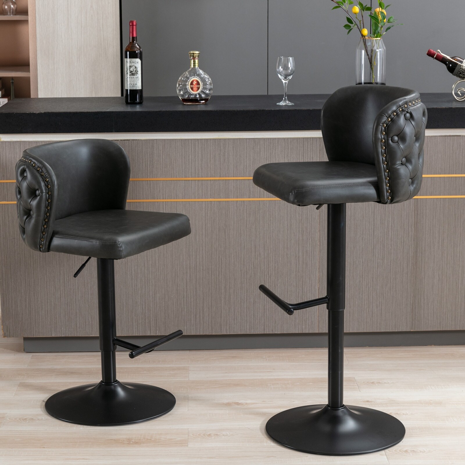 2pc Dark Gray Gas Lift Stools Hydraulic Kitchen Counter Bar Stool Dark Gray Leather