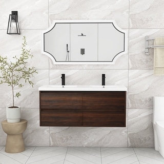 48 Inch Floating Bathroom Vanity With Dual Sink Resin Sink with 4 Soft ...