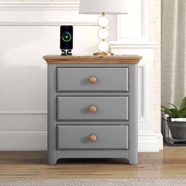 3 Drawers Wood Nightstand Modern Bedside Table USB Charging Ports Grey ...