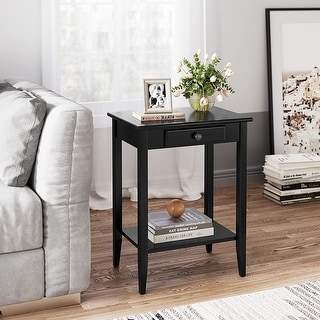 Table with Drawer Black End Table Narrow Bedside Tables with 2-Tier ...
