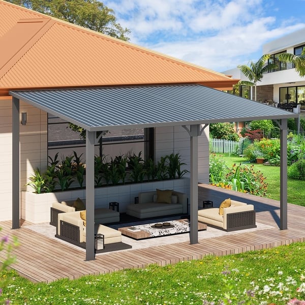 AECOJOY Hardtop Gazebo Outdoor Metal Lean to Pergola Galvanized Steel ...