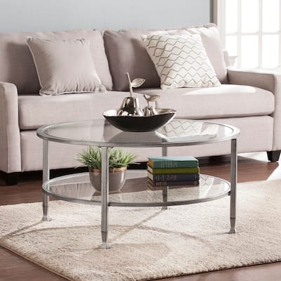 SEI Furniture Glenn Distressed Silver Round Coffee Table with Glass Top ...