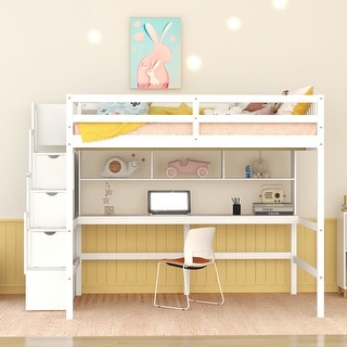 Versatile Wood Loft Bed with Storage Stairs & Built-in Desk, Full Size ...