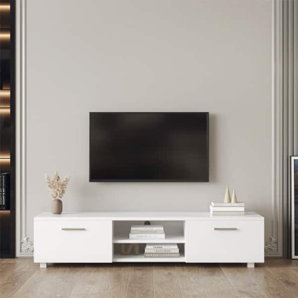 White TV Stand 2 Storage Cabinet Media Console with open shelves - Bed ...